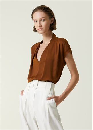 Beymen Collection Kadın Kahverengi V Yaka Saten Bluz 36