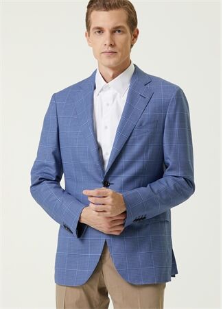 Pal Zileri Erkek Mavi Mikro Kazayağı Desenli Kareli Yün Ceket 50 IT
