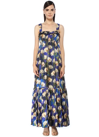 Borgo De Nor Kadın Amina Kare Yaka Mavi Çiçekli Maksi İpek Elbise Lacivert 6 US
