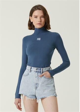 T by Alexander Wang Kadın Mavi Dik Yaka Logolu Uzun Kol T-shirt XS EU