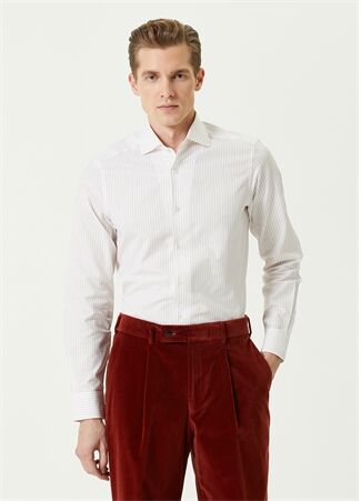 Pal Zileri Erkek Beyaz Çizgi Desenli Gömlek Bordo 40 IT