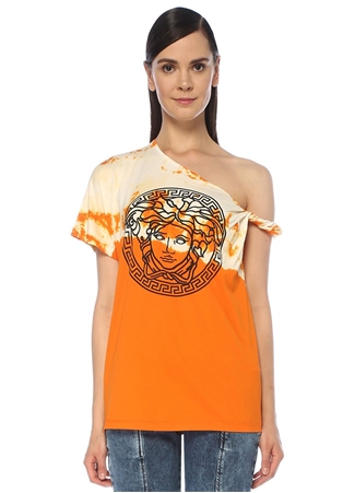 Versace Kadın Beyaz Turuncu Batik Desenli T-shirt 44 IT