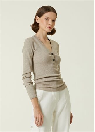 Brunello Cucinelli Kadın Bej V Yaka Simli Kaşmir Kazak L EU