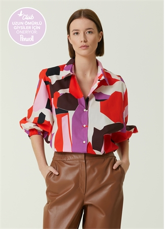 Beymen Club Kadın Colorblocked Geometrik Desenli Gömlek Kırmızı XS
