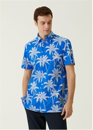Kiton Erkek Mavi Palmiye Desenli Kısa Kollu Gömlek 42 IT