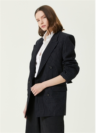 Isabel Marant Kadın Nevim Lacivert Çizgili Kruvaze Blazer 36 FR