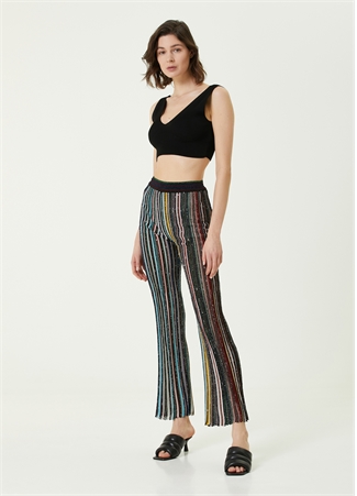 Missoni Kadın Siyah İşlemeli Çizgili Bol Paça Pantolon Mavi 42 IT