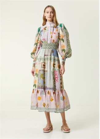 Alemais Kadın Dik Yaka Desenli Balon Kol Midi Elbise 6 US