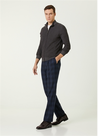 Pal Zileri Erkek Mavi Kareli Pili Detaylı Yün Pantolon 48 IT