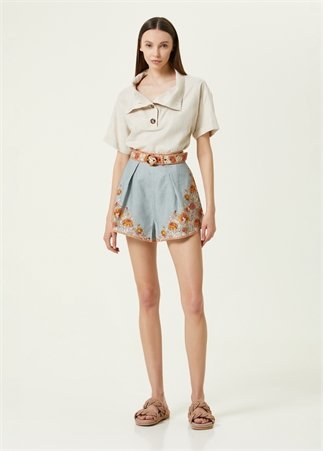 Zimmermann Kadın Mavi Çiçekli Beli Kemerli Keten Şort Gri 0 Us