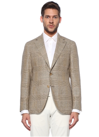 Caruso Erkek Bej Kelebek Yaka Ekose Desenli Keten Ceket 52 IT