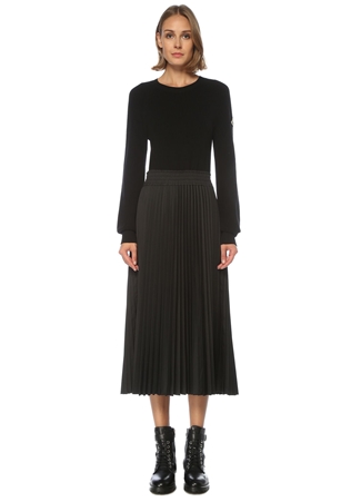 Moncler Kadın Siyah Triko Garnili Pilili Uzun Kol Midi Elbise S EU