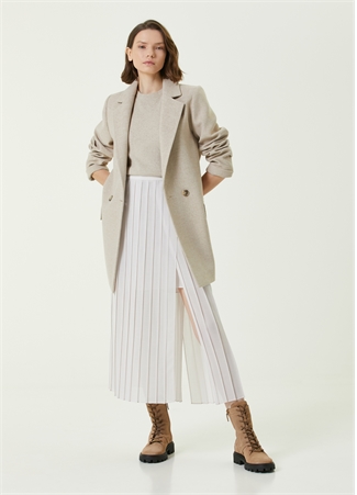 Brunello Cucinelli Kadın Beyaz Pilili Yırtmaç Detaylı Midi Etek 42 IT