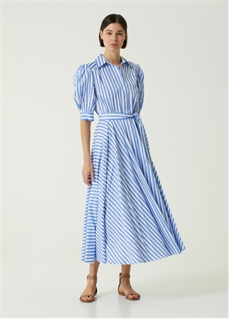 Elif Mısırlı Kadın Mavi Çizgili Beli Kuşaklı Midi Gömlek Elbise 2 EU Elif Mısırlı Kadın Mavi Çizgili Beli Kuşaklı Midi Gömlek Elbise 2 EU