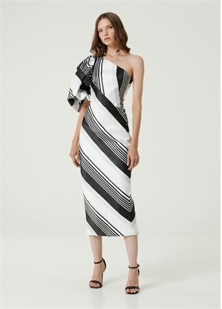 Rasario Kadın Siyah Beyaz Çizgili Tek Kol Midi Kokteyl Elbise 36 IT