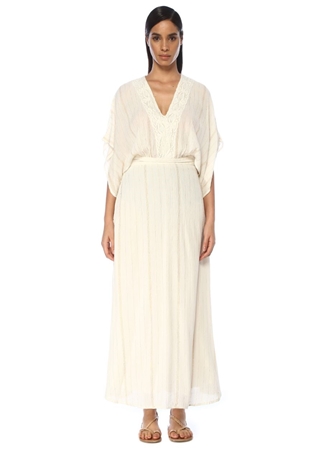 Amenapih Kadın Rosaline Beyaz Çizgili Dantelli Maksi Elbise 2 EU