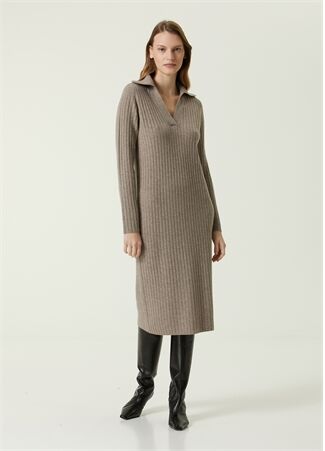 Vince Kadın Bej İngiliz Yaka Çizgi Dokulu Yün Midi Elbise S EU