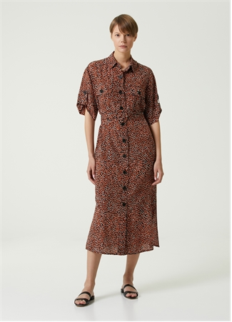 Beymen Club Kadın Turuncu Desenli Midi İpek Gömlek Elbise 36