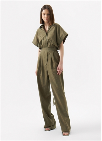 Wabi Sabi Kadın Liya Haki Bel Vurgulu Keten Tulum S Wabi Sabi Kadın Liya Haki Bel Vurgulu Keten Tulum S