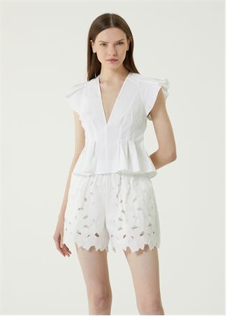 Red Valentino Kadın Beyaz V Yaka Pilili Bluz 42 IT