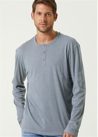 Allsaints Erkek Henley Gri Yakası Düğmeli Uzun Kollu T-shirt S EU