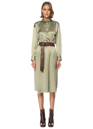 Brunello Cucinelli Kadın Yeşil Polo Yaka İpek Midi Elbise XS EU