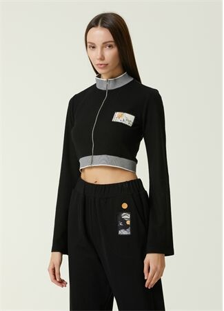 Agaleevic Kadın Siyah Dik Yaka Fermuarlı Crop Üst M EU