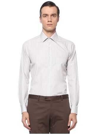 Pal Zileri Erkek Kahverengi Modern Yaka Çizgi Desenli Gömlek 40 IT