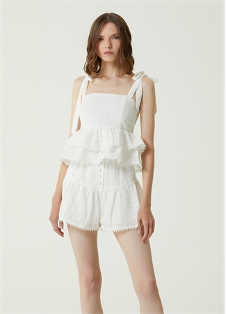 Lost+Wander Kadın Beyaz Kare Yaka Nakışlı Bluz XS EU