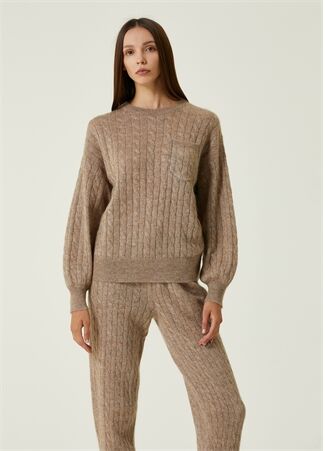 Brunello Cucinelli Kadın Kahverengi Simli Cep Detaylı Saç Örgü Kazak L EU