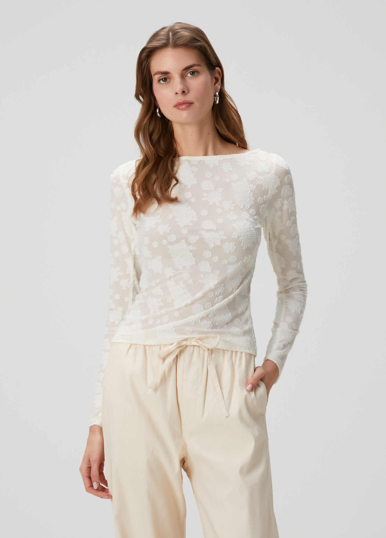 Rag&Bone Krem Kadın Angel Krem Jakarlı Uzun Kollu T-shirt 1704441 | Beymen