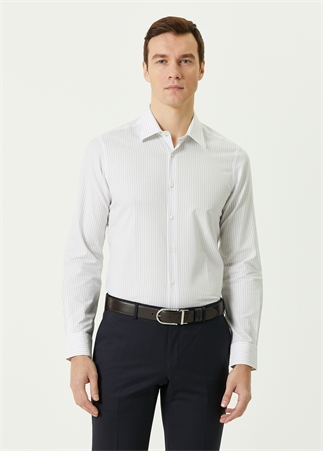 Pal Zileri Erkek Beyaz Mavi Çizgili İngiliz Yaka Gömlek 4 IT