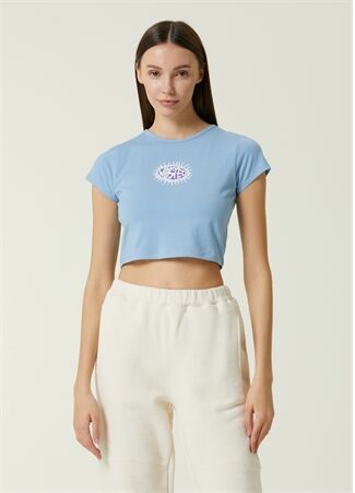 Wasted Kadın Mavi Yazı Baskılı Crop T-shirt XS EU
