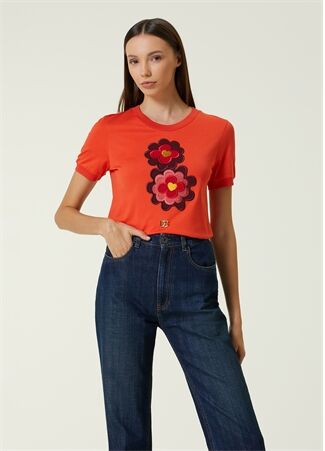 Dolce&Gabbana Kadın Turuncu Bisiklet Yaka Nakışlı T-shirt 42 IT