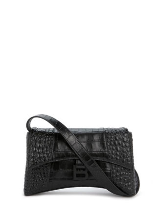 Balenciaga Kadın Downtown Siyah Krokodilli Deri Omuz Çantası EU
