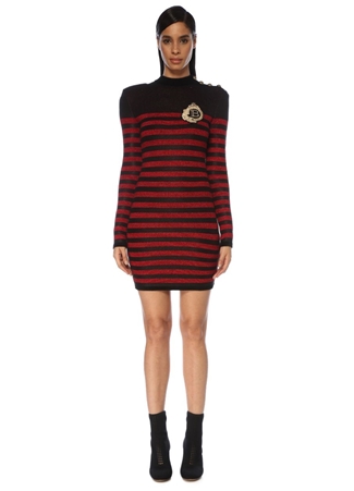 Balmain Kadın Kırmızı Siyah Çizgili Uzun Kol Mini Elbise 38 FR
