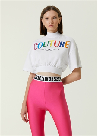 Versace Jeans Couture Kadın Beyaz Dik Yaka Logolu Crop T-shirt L EU Versace Jeans Couture Kadın Beyaz Dik Yaka Logolu Crop T-shirt L EU