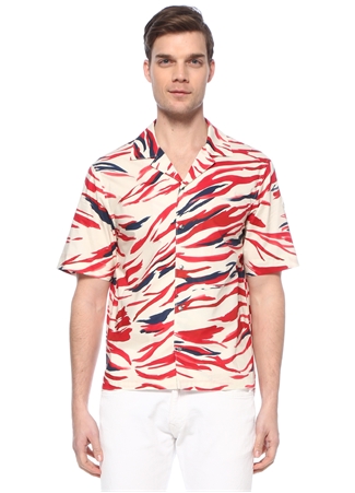 Moncler Erkek Kırmızı Beyaz Kamp Yaka Desenli Gömlek L EU