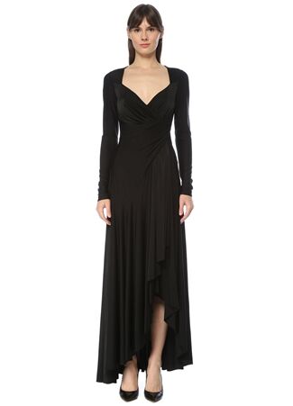 Alexandre Vauthier Kadın Siyah V Yaka Drapeli Maksi Abiye Elbise 36 IT