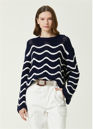 Polo Ralph Lauren Kadın Lacivert Beyaz Bisiklet Yaka Desenli Yün Kazak S EU