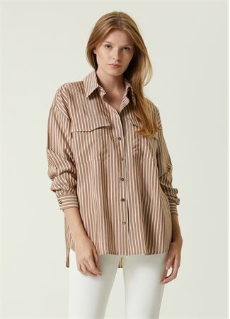 Network Kadın Regular Fit Camel Çizgili Gömlek Kahverengi L EU