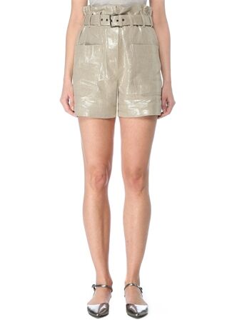 Brunello Cucinelli Kadın Bej Yüksek Bel Kemerli Keten Şort 36 IT