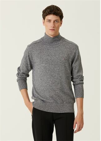 Tommy Hilfiger Erkek Gri Dik Yaka Şerit Detaylı Kazak S EU