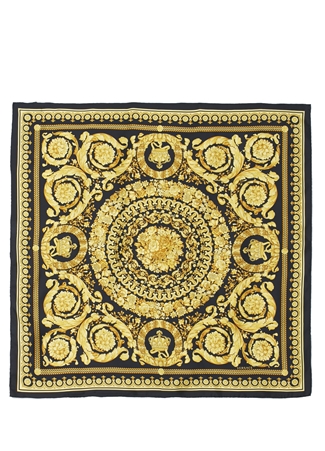 Versace Kadın Sarı Siyah Barok Desenli 90x90 cm İpek Eşarp EU