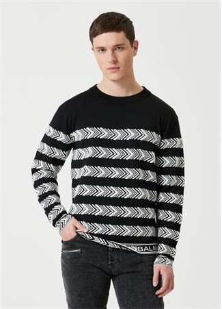 Balmain Erkek Siyah Beyaz Şerit Desenli Logolu Yün Kazak S EU Balmain Erkek Siyah Beyaz Şerit Desenli Logolu Yün Kazak S EU