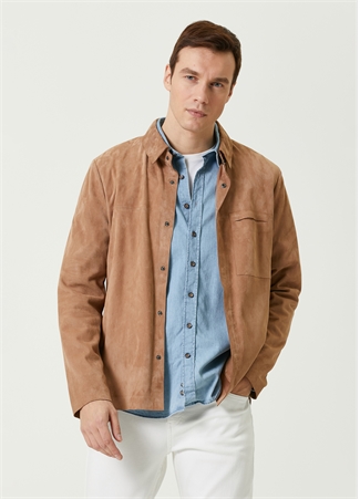 Network Erkek Slim Fit Camel Deri Gömlek Kahverengi S EU