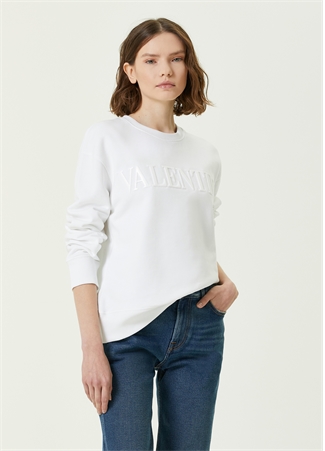 Valentino Kadın Beyaz Bisiklet Yaka Logolu Sweatshirt S EU