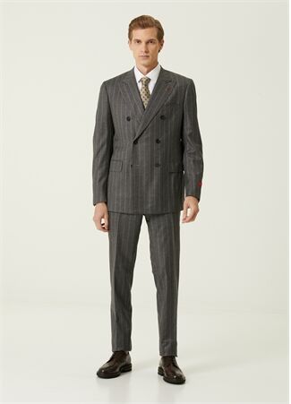 Isaia Erkek Gri Çizgi Desenli Yün Takım Elbise 54 IT
