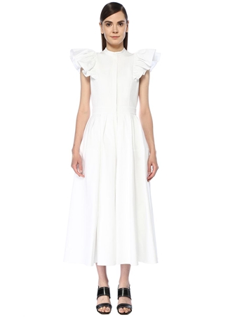 Alexander McQueen Kadın Beyaz Hakim Yaka Kolu Fırfırlı Midi Elbise 40 IT