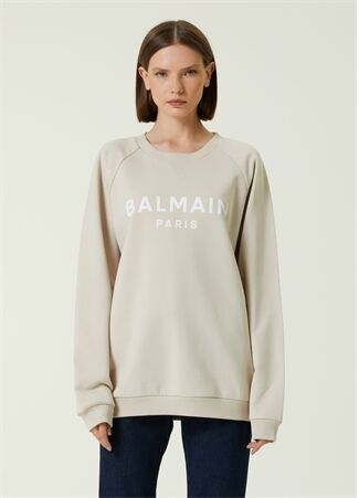 Balmain Kadın Kemik Bisiklet Yaka Logolu Sweatshirt Bej XS EU